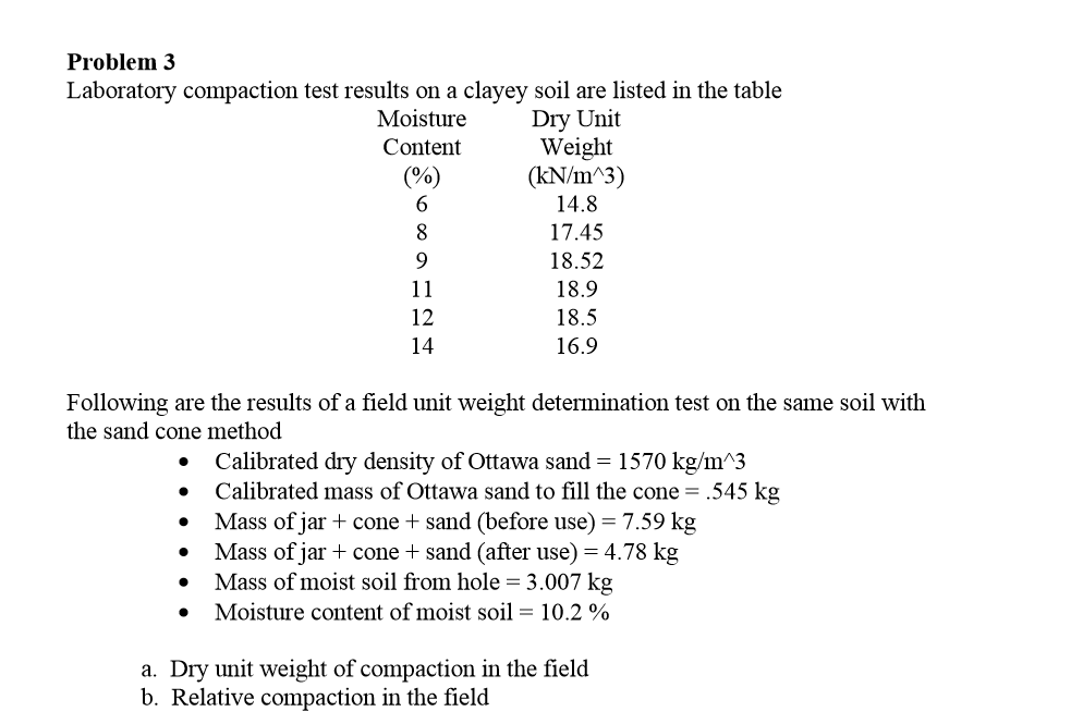 Solved Problem 3 Laboratory Compaction Test Results On A