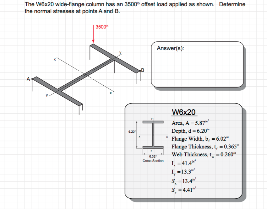 solved-the-w6x20-wide-flange-column-has-3500-lb-offset-lo-chegg