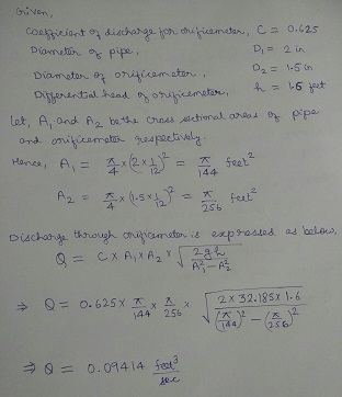(Solved) - Water flows through the orifice meter shown in Fig. P14.33 such... - (1 Answer ...