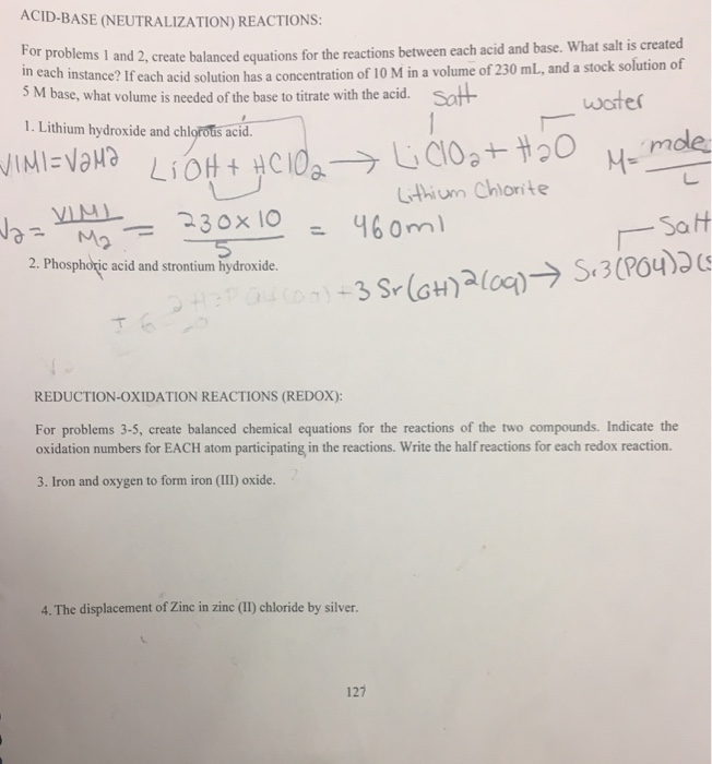 Solved Create Balanced Equations For The Reactions Between Chegg 105600