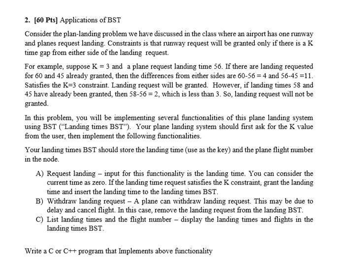Solved Applications of BST Consider the plan-landing | Chegg.com