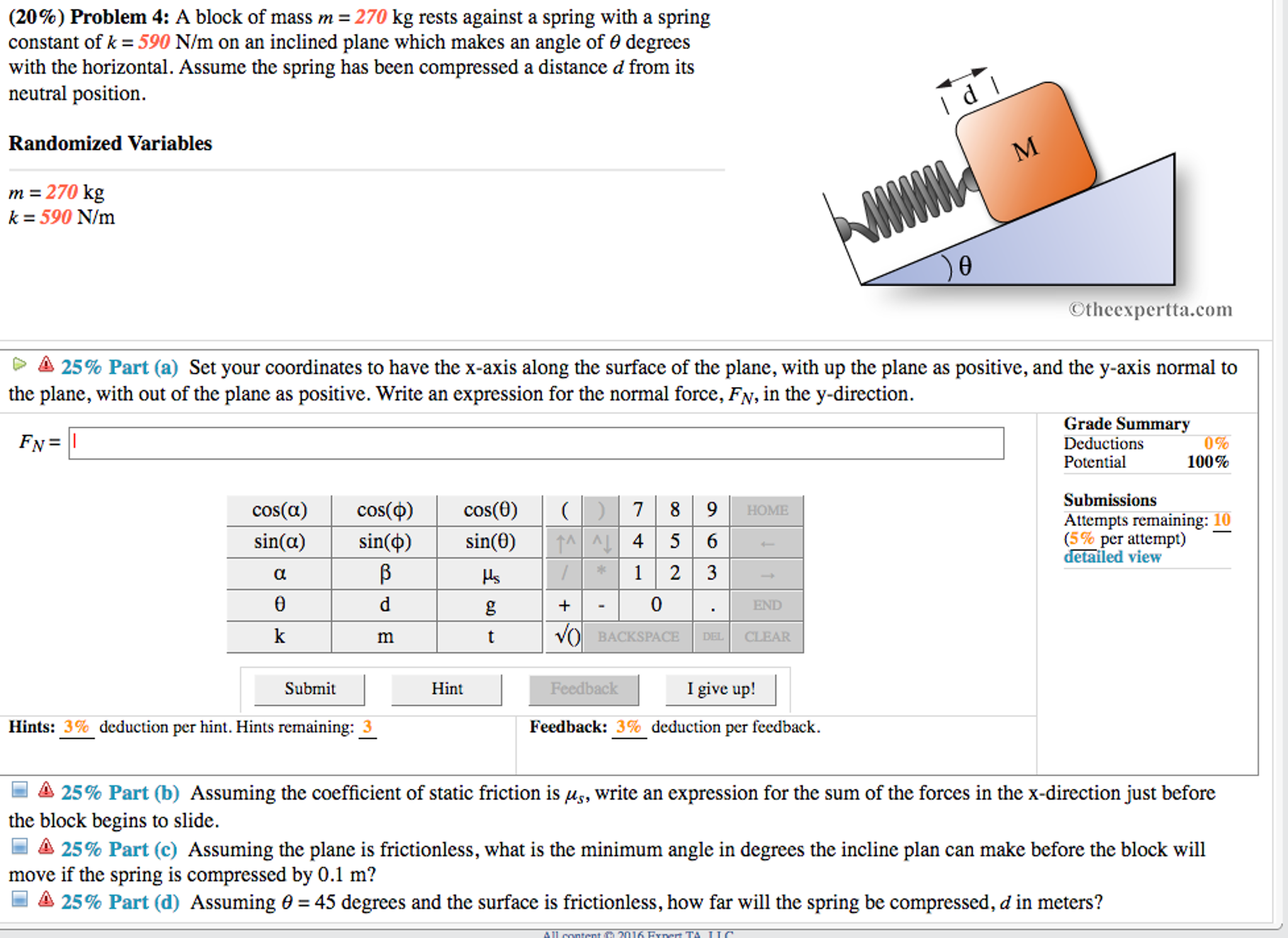 Solved: A Block Of Mass M = 270 Kg Rests Against A Spring ... | Chegg.com