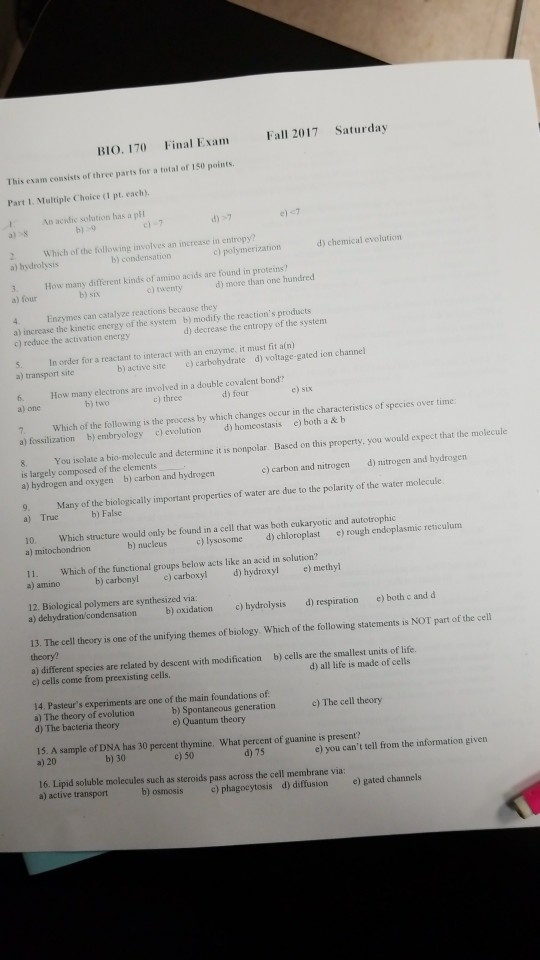 Solved: BIO. 170 Final Exam Fall 2017 Saturday This Exam C... | Chegg.com