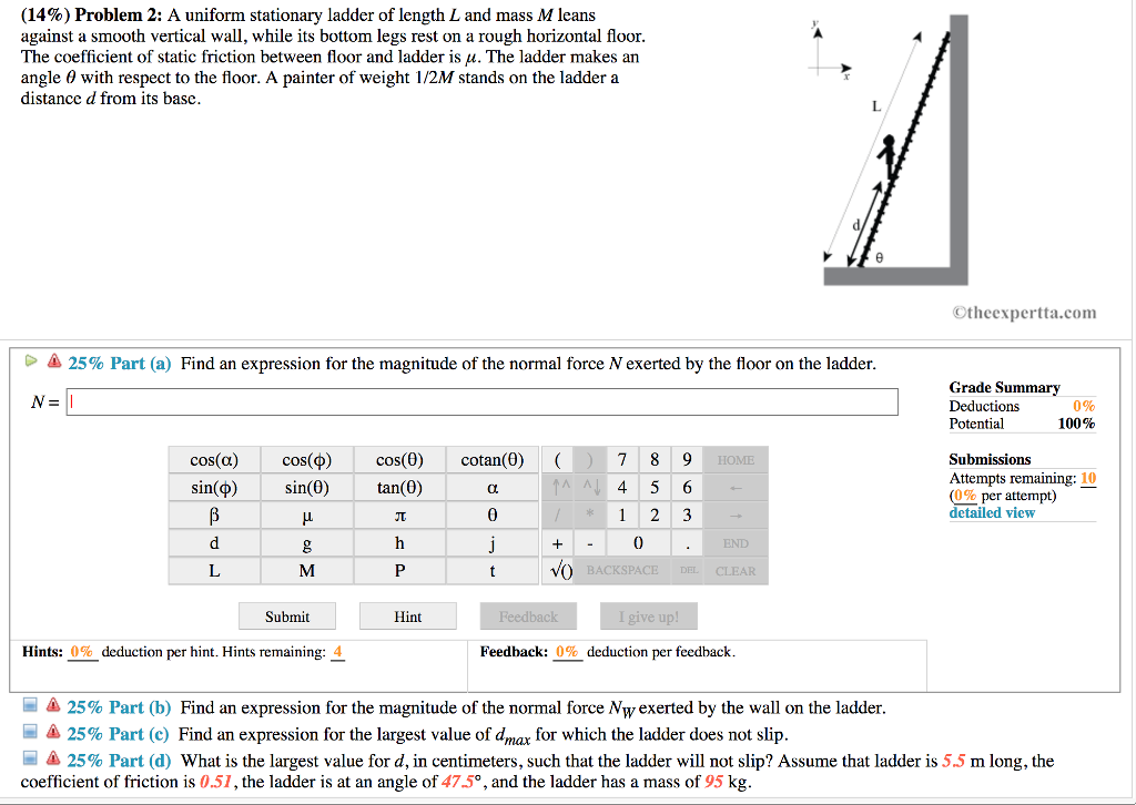 Solved: (14%) Problem 2: A Uniform Stationary Ladder Of Le... | Chegg.com