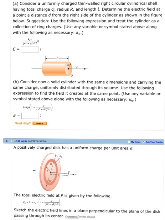 Consider a uniformly charged thin-walled right | Chegg.com