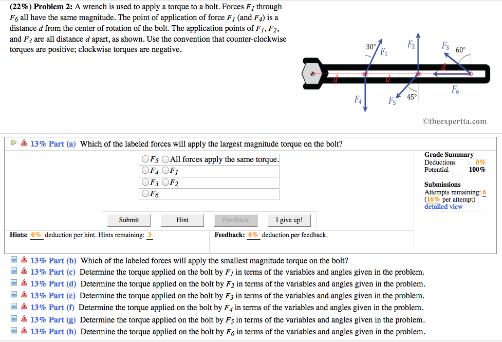 Solved: (22%) Problem 2: A Wrench Is Used To Apply A Torqu... | Chegg.com