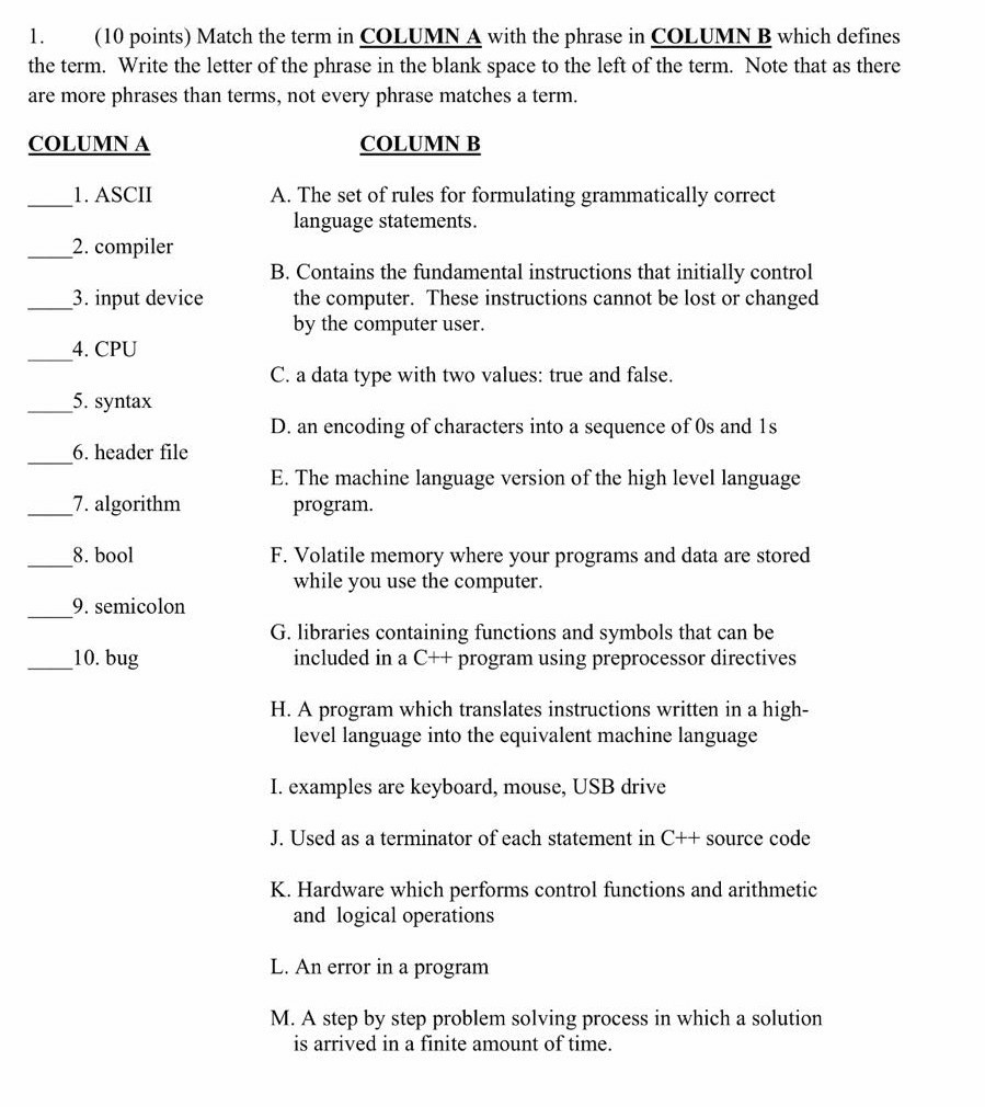 Solved: Match The Term In COLUMN A With The Phrase In COLU... | Chegg.com