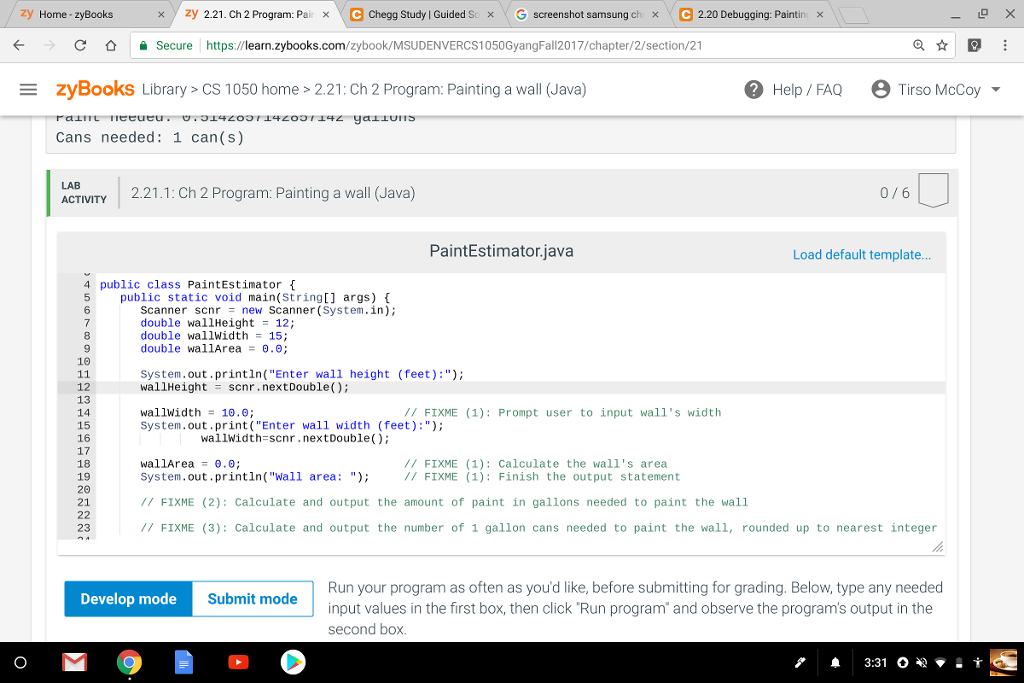 Solved: 2.21 Ch 2 Program: Painting A Wall (Java) (1) Prom... | Chegg.com