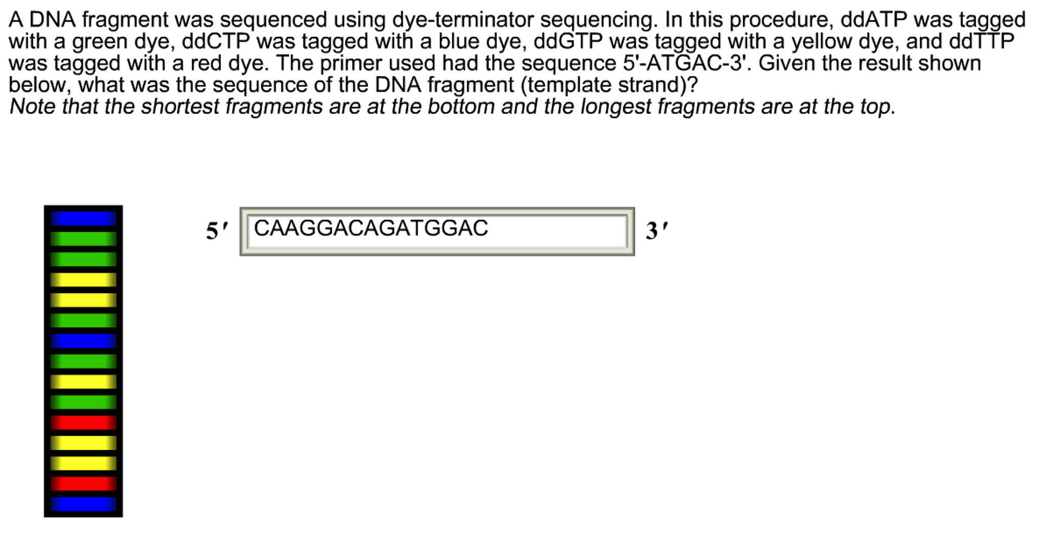 Solved: A DNA Fragment Was Sequenced Using Dye-terminator ... | Chegg.com