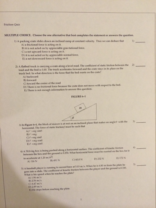 Friction Quiz MULTIPLE CHOICE, Choose the one | Chegg.com