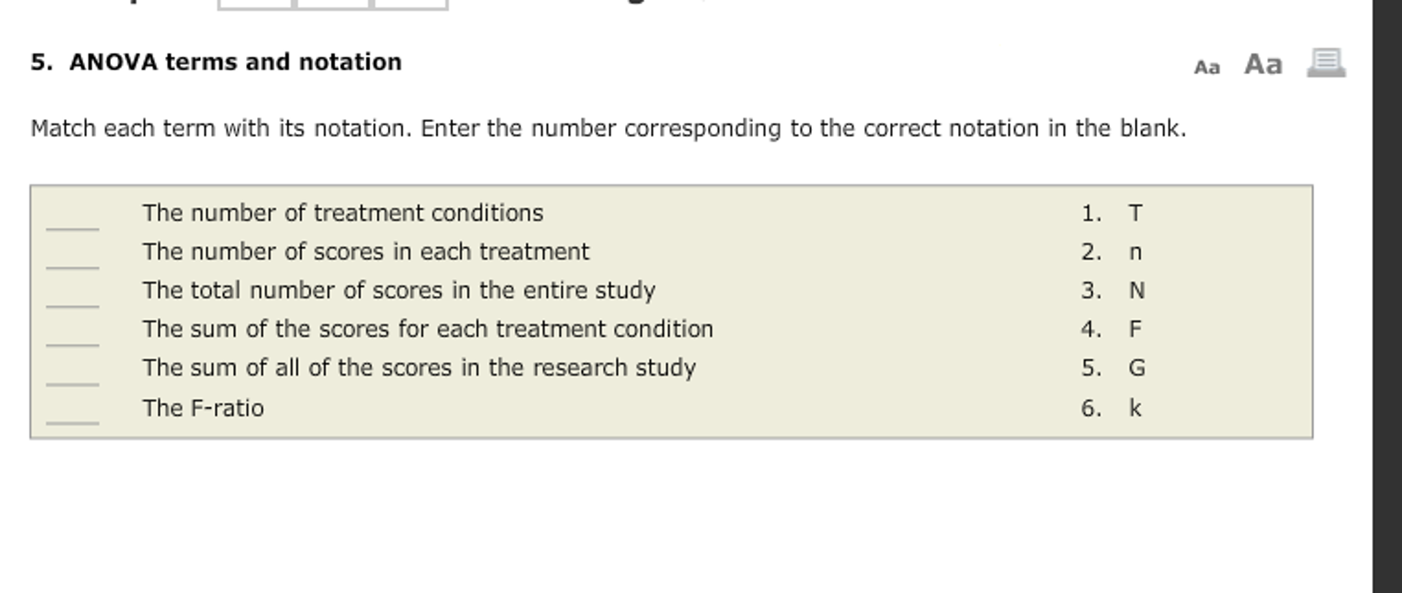 Solved: 5. ANOVA Terms And Notation Aa Aa Match Each Term ... | Chegg.com
