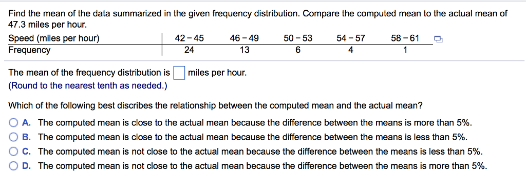 Solved Find the mean of the data summarized in the given | Chegg.com
