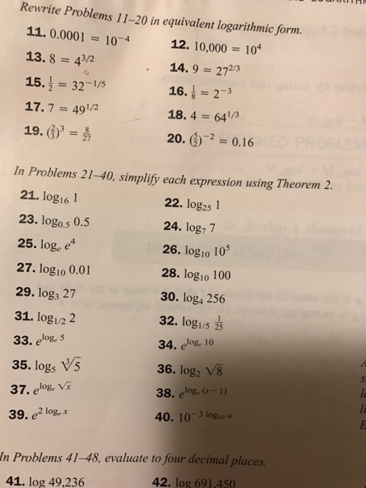 Solved Rewrite Problems 11-20 in equivalent logarithmic | Chegg.com