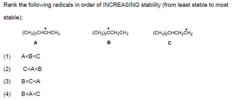 Rank the following radicals in order of INCREASING | Chegg.com