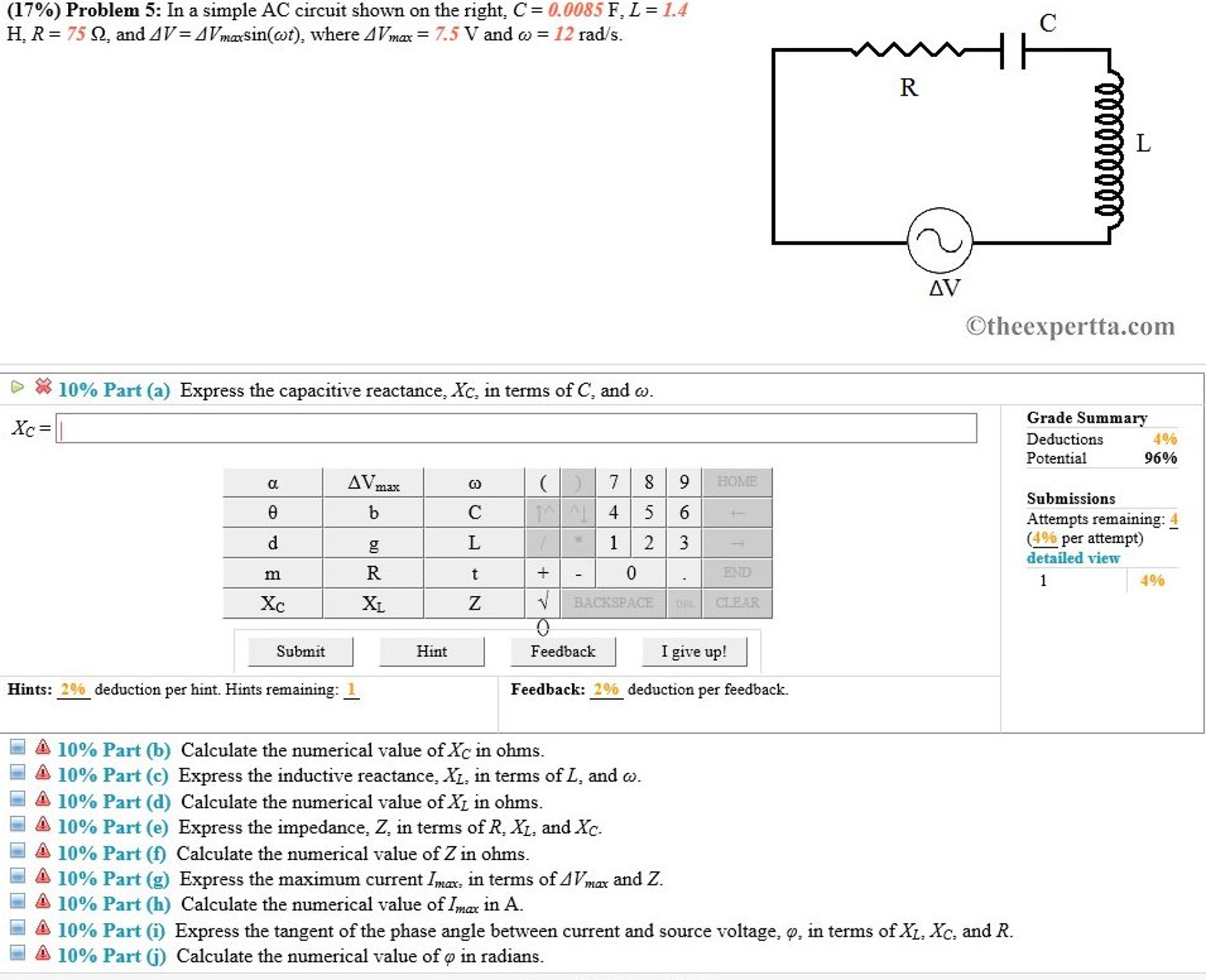 Solved: In A Simple AC Circuit Shown On The Right, C = 0.0... | Chegg.com