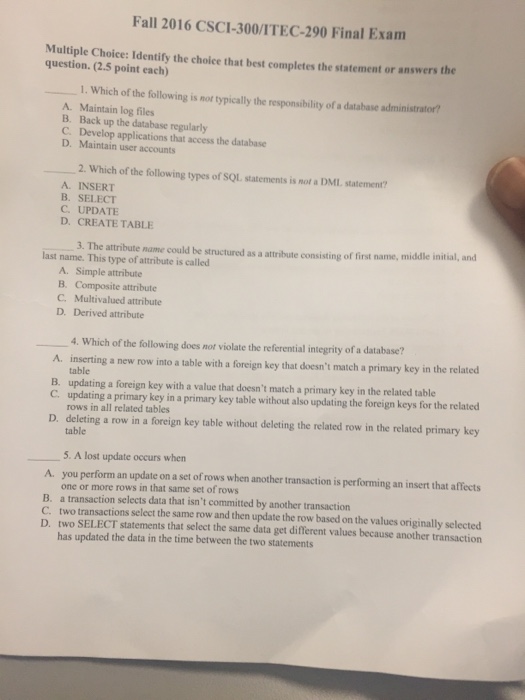 Solved Fall 2016 Csci 300itec 290 Final Exam Multiple Ch 