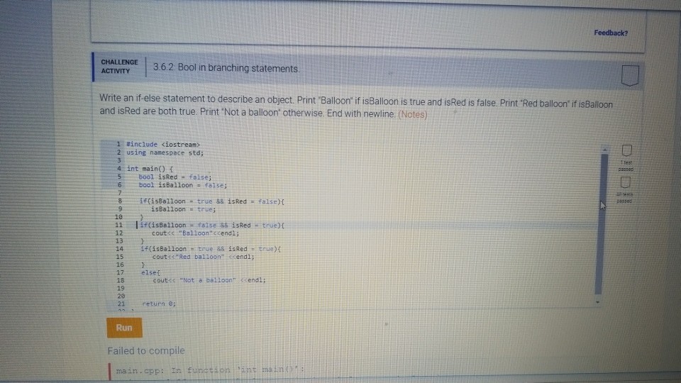 Solved: Feedback? CHALLENGE 362 Bool In Branching Statemen... | Chegg.com