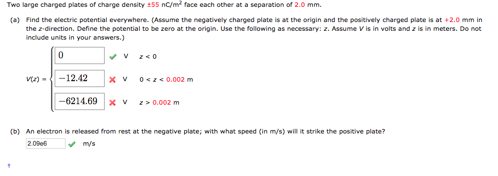 Solved: Two Large Charged Plates Of Charge Density ±55 NC/... | Chegg.com