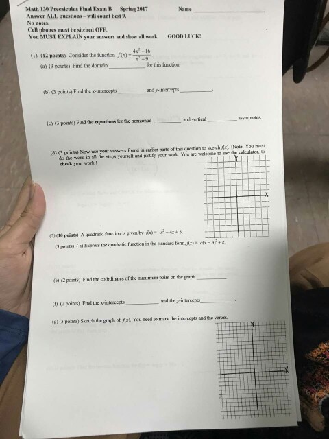 Solved: Math 130 Precalculus Final Exam B Spring 2017 Name... | Chegg.com