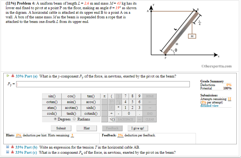 (11 %) Problem 4: A uniform beam of length L = 2.6 m | Chegg.com