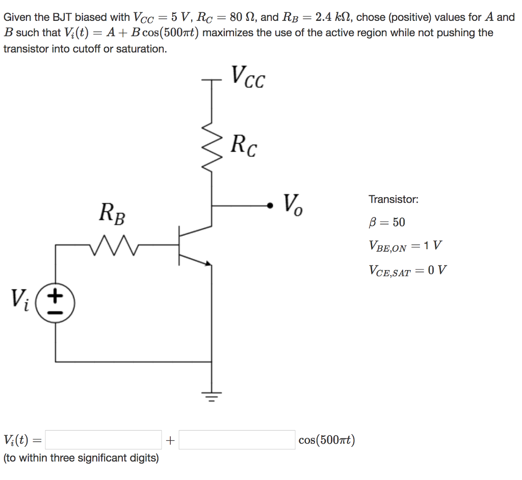 Solved Given the BJT biased with Vcc 5 V, Rc = 80 Ω, and RB | Chegg.com