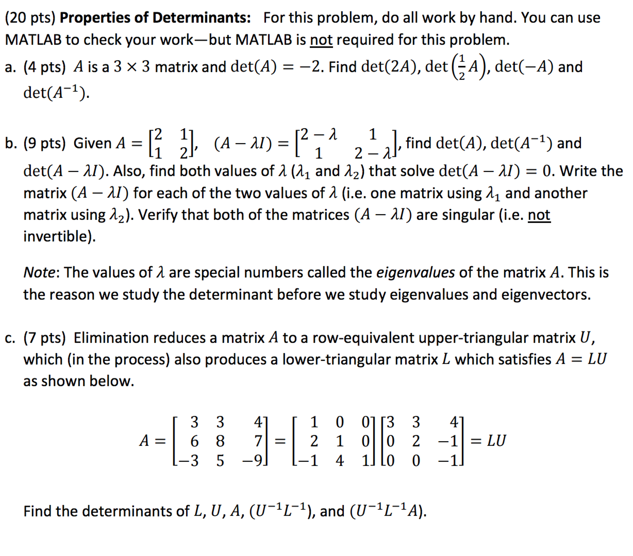 Properties of Determinants: For this problem, do all | Chegg.com