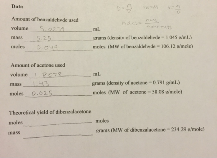 Solved Amount of benzaldehyde used volume mL mass | Chegg.com