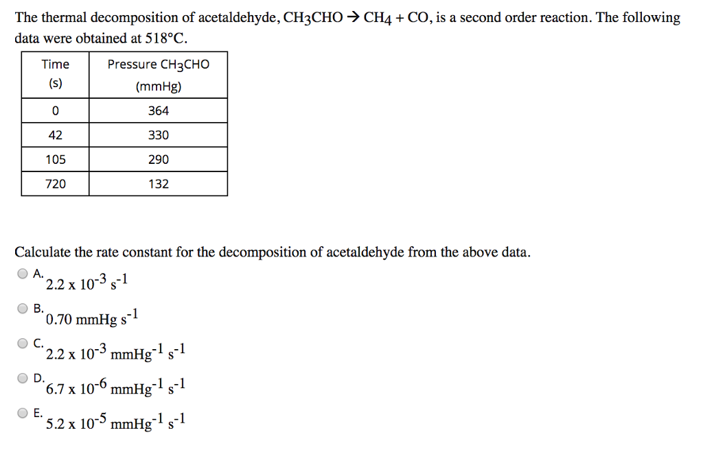 Solved: The Thermal Decomposition Of Acetaldehyde, CH3CHO ... | Chegg.com