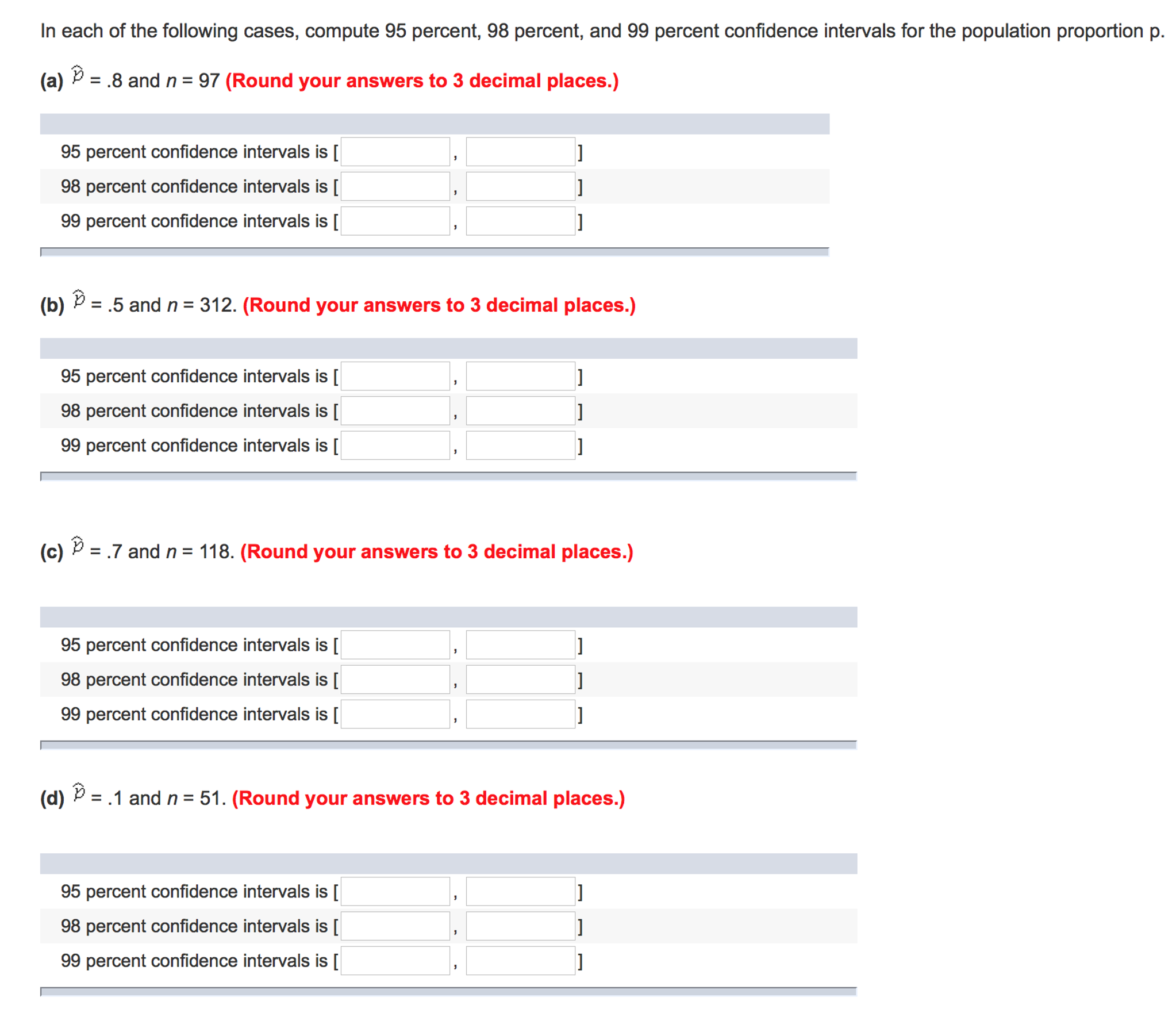 Solved In each of the following cases, compute 95 percent, | Chegg.com