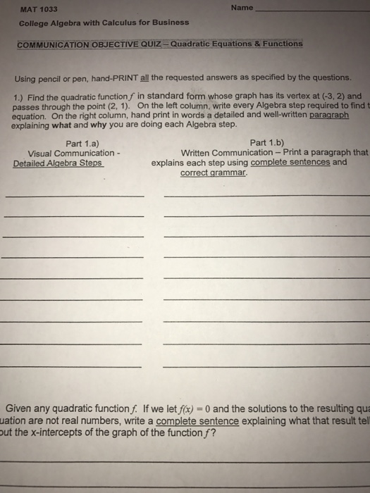 MAT 1033 Name College Algebra with Calculus for | Chegg.com