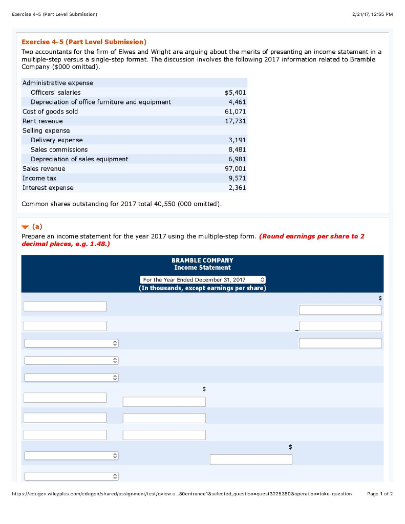 Solved: 2/21/17, 12:55 PM Exercise 4-5 (Part Level Submiss... | Chegg.com