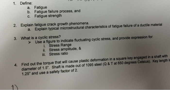 Solved 1. Define: a. b. c. Fatigue Fatigue failure process, | Chegg.com