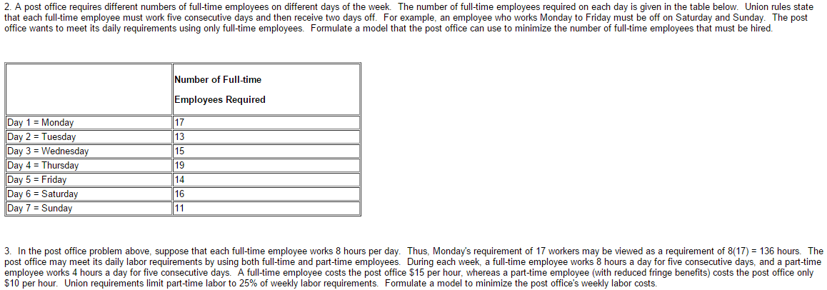 Solved A post office requires different numbers of full-time | Chegg.com