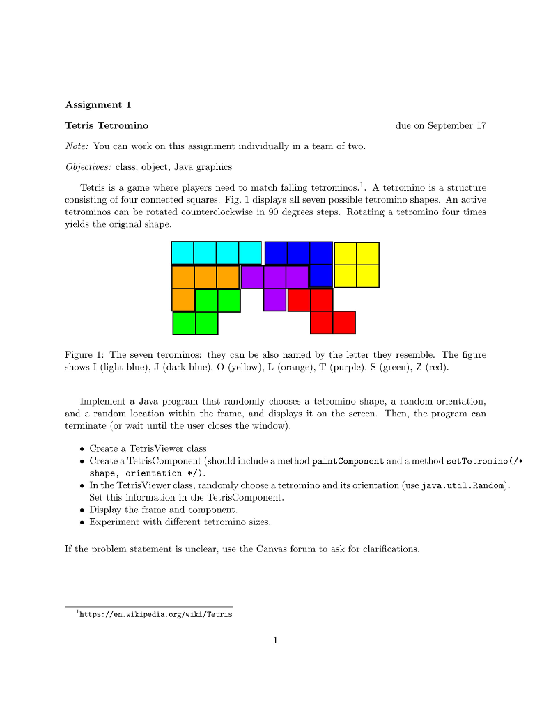Solved: Assignment 1 Tetris Tetromino Note: You Can Work O... | Chegg.com