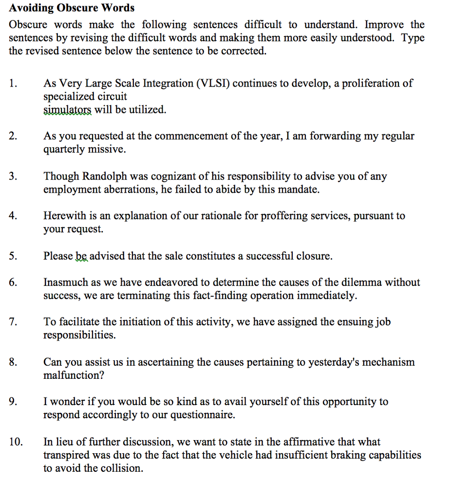 Solved Avoiding Obscure Words Obscure words make the | Chegg.com