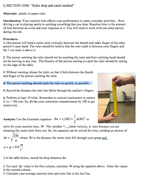 Solved: I) SECTION ONE: "Ruler Drop And Catch Method" Mate... | Chegg.com