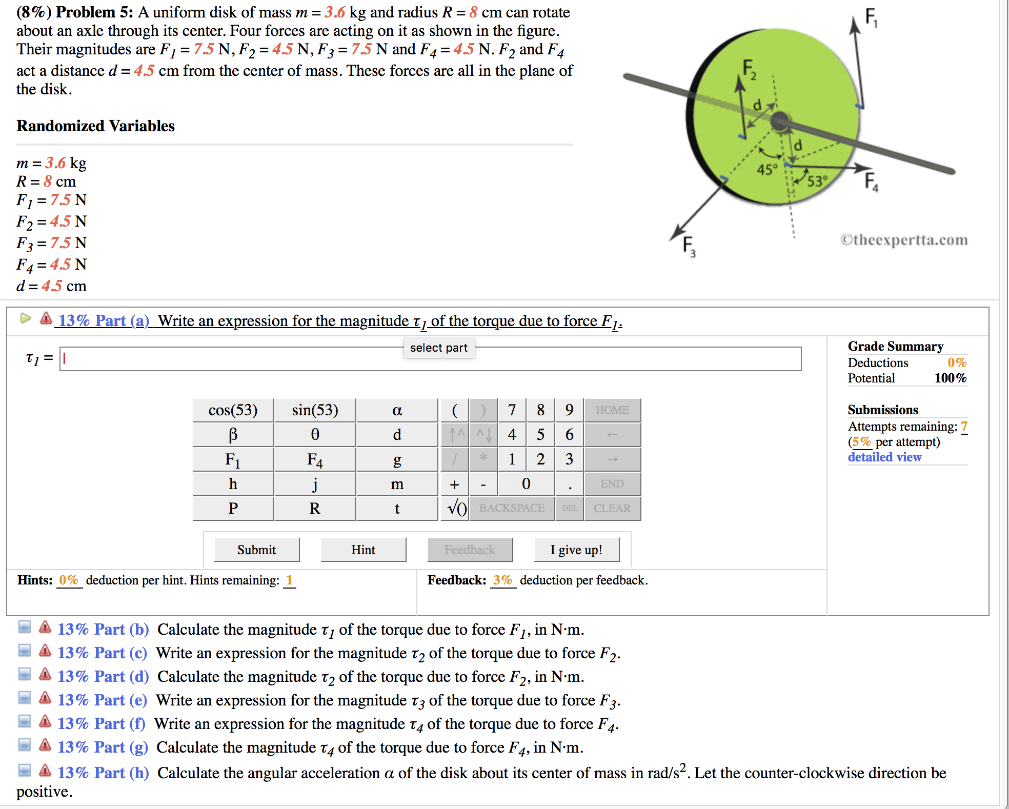 Solved: A Uniform Disk Of Mass M = 3.6 Kg And Radius R = 8... | Chegg.com