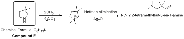 Compound E, C6H13N, is a secondary amine containing a 5-membered ring ...