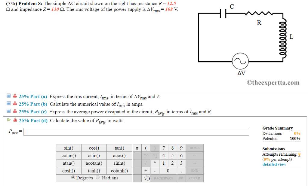 Solved: (7%) Problem 8: The Simple AC Circuit Shown On The... | Chegg.com
