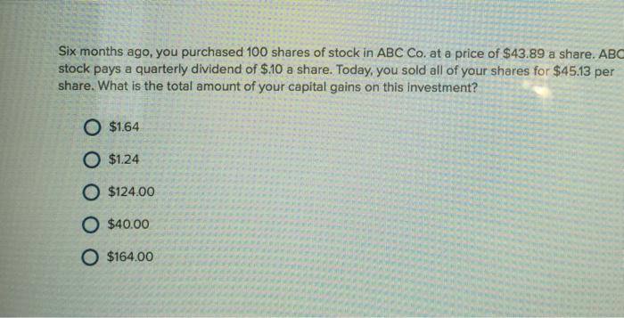 Solved Six months ago, you purchased 100 shares of stock in | Chegg.com