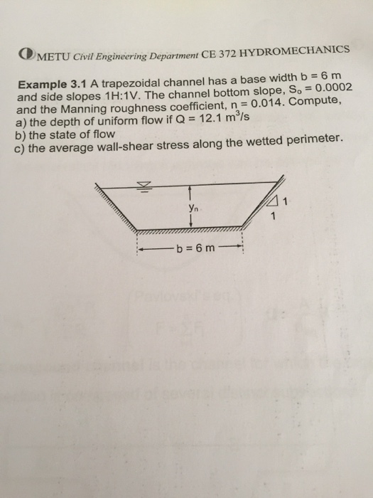 Solved: A Trapezoidal Channel Has A Base Width B = 6 M And... | Chegg.com