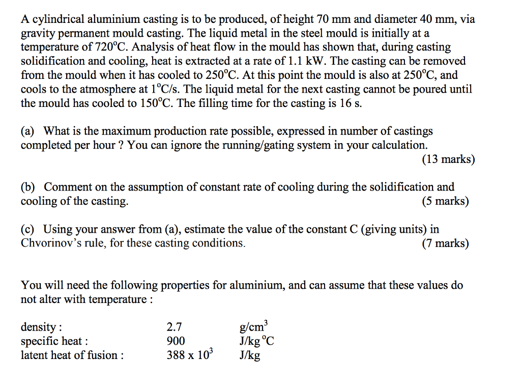 A cylindrical aluminium casting is to be produced, of | Chegg.com