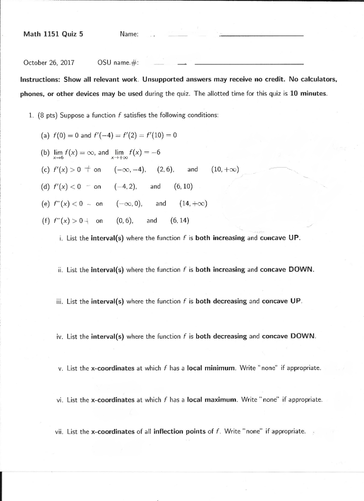 Solved: Math 1151 Quiz 5 Name: . October 26, 2017 Instruct... | Chegg.com