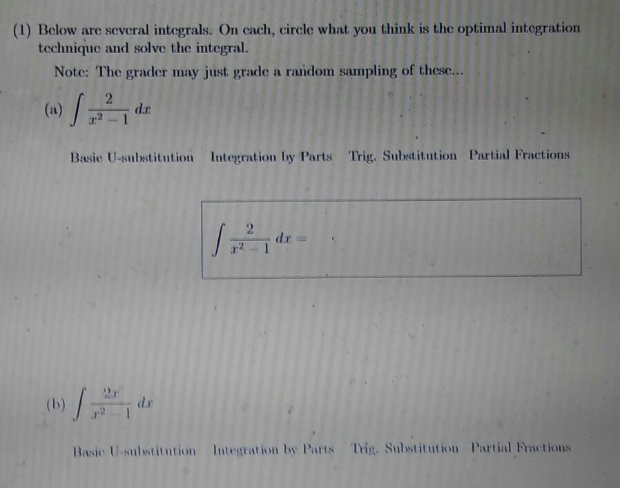 Solved (1) Below are several integrals. On cach, circle what | Chegg.com