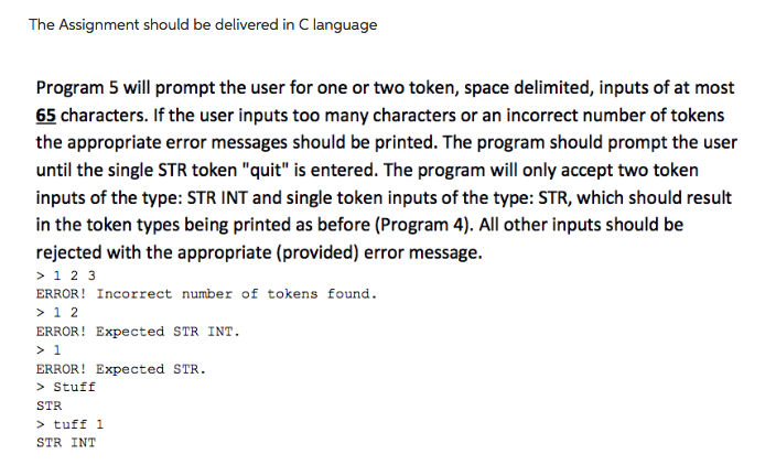 Solved Program 5 will prompt the user for one or two token, | Chegg.com