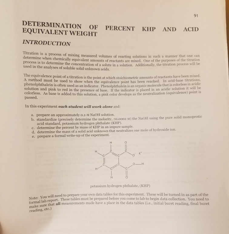 Solved 91 DETERMINATION OF PERCENT KHP AND ACID EQUIVALENT | Chegg.com