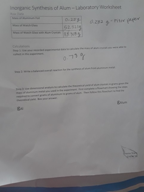 inorganic Synthesis of Alum - Laboratory Worksheet | Chegg.com