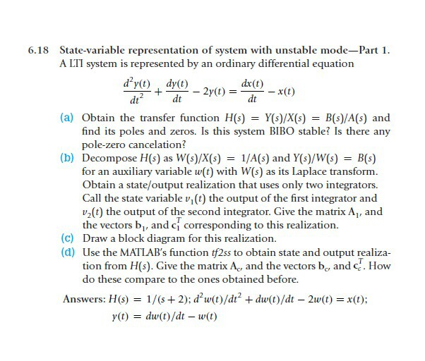 Solved State-variable representation of system with unstable | Chegg.com