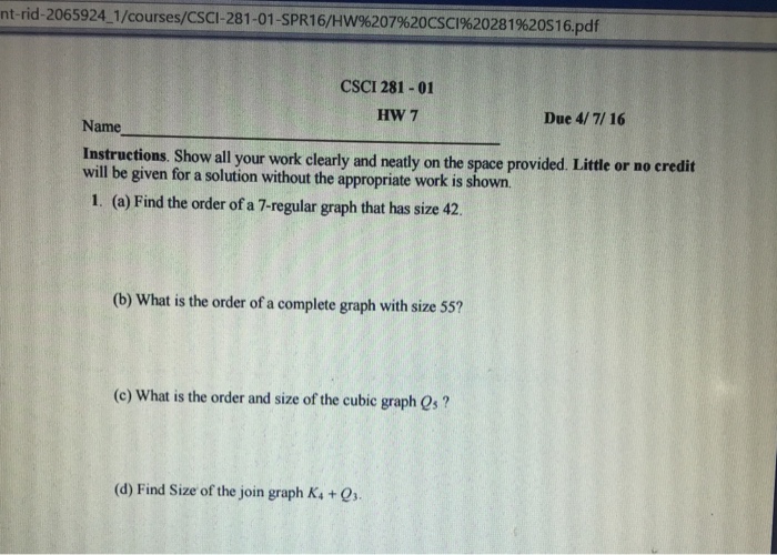 Solved Find the order of a 7-regular graph that has size 42. | Chegg.com