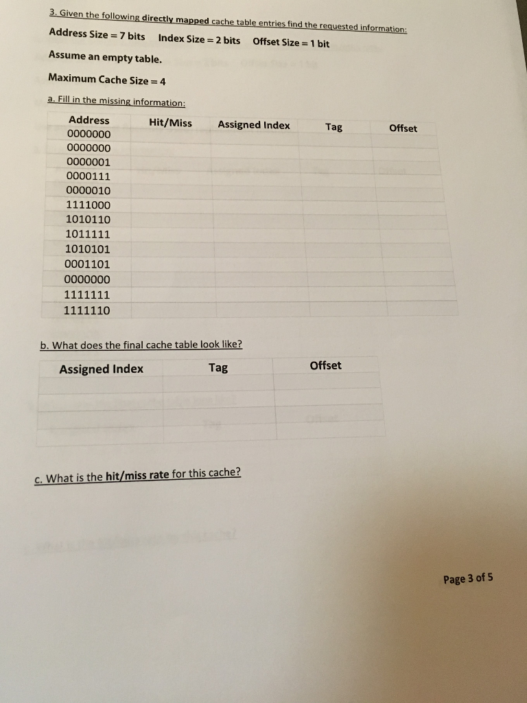 Solved 3. Given the following directly mapped cache table | Chegg.com